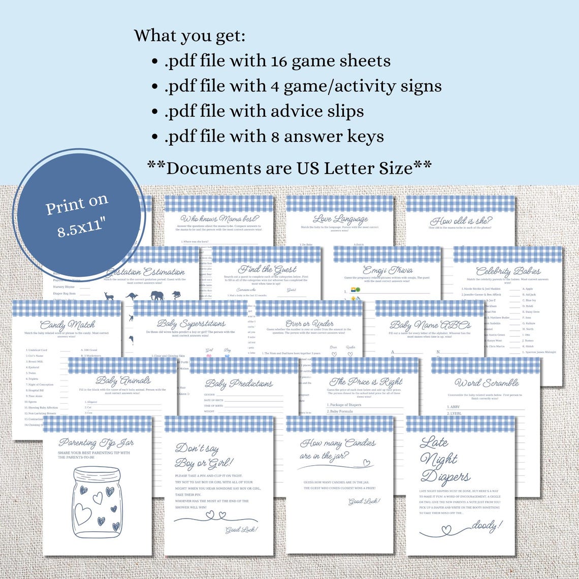 Blue Gingham | Baby Shower Games Bundle | 20 Fun Games + Advice Slips ...