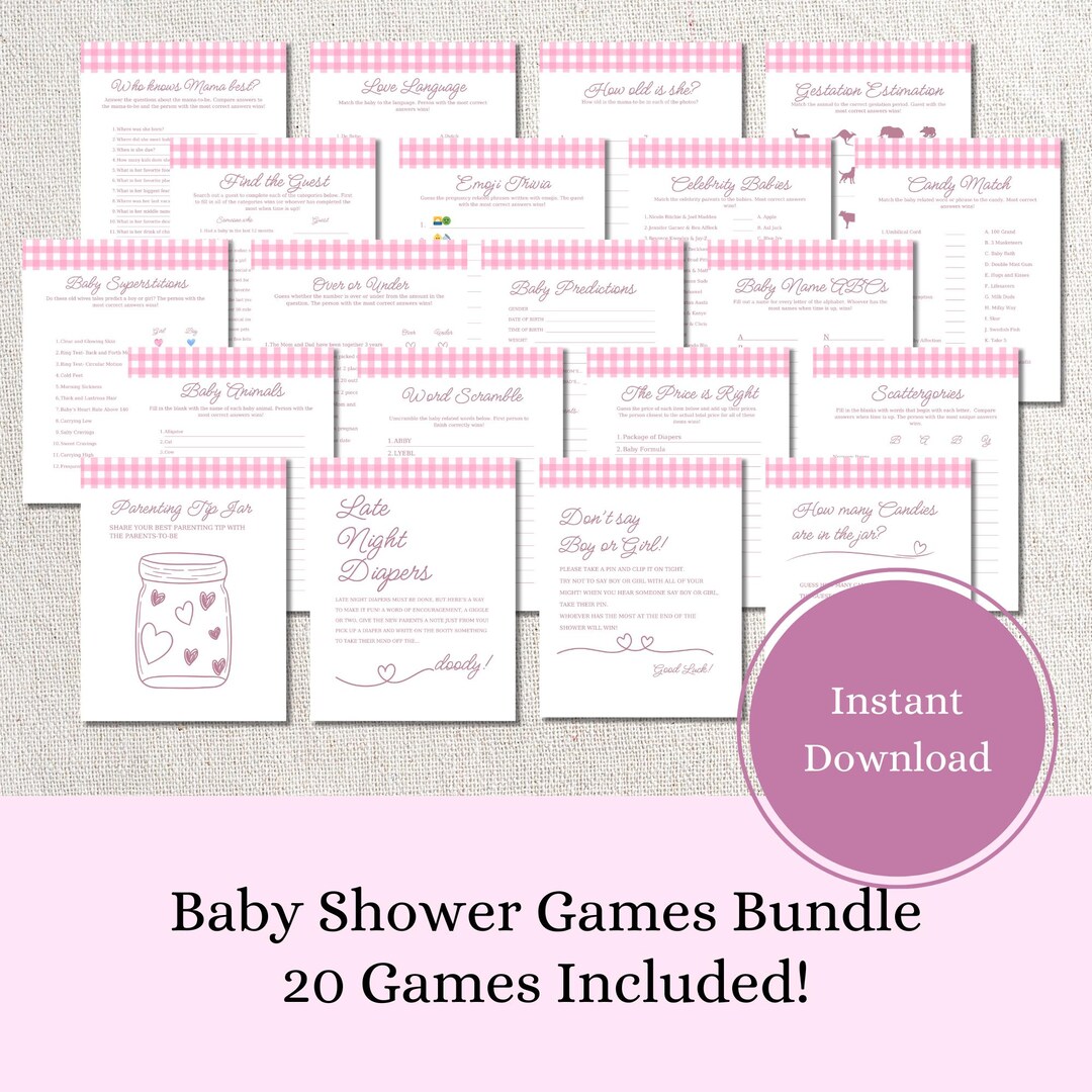 Pink Gingham | Baby Shower Games Bundle | 20 Fun Games + Advice Slips ...