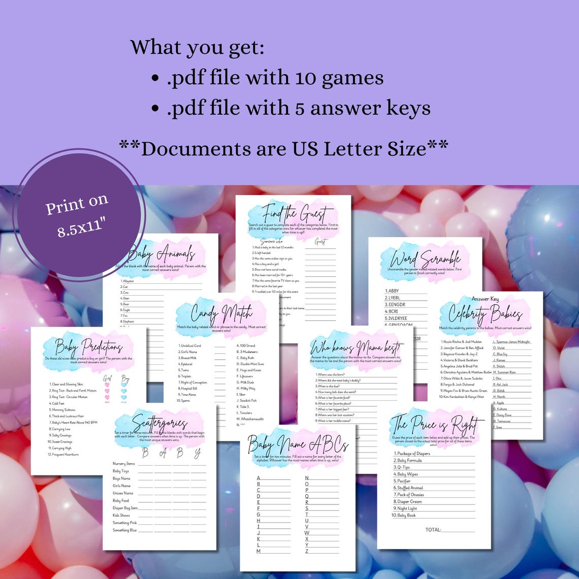 Pink & Blue Watercolor | Gender Reveal Party Games Bundle | 10 Fun ...