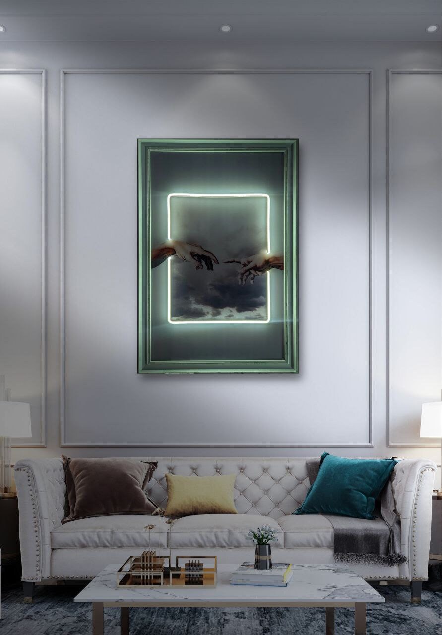 Illuminated Hands Touching Artwork Iconic Creation of Adam LED Frame ...