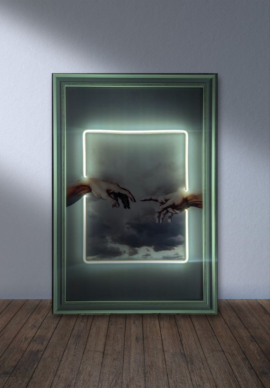 Illuminated Hands Touching Artwork Iconic Creation of Adam LED Frame ...