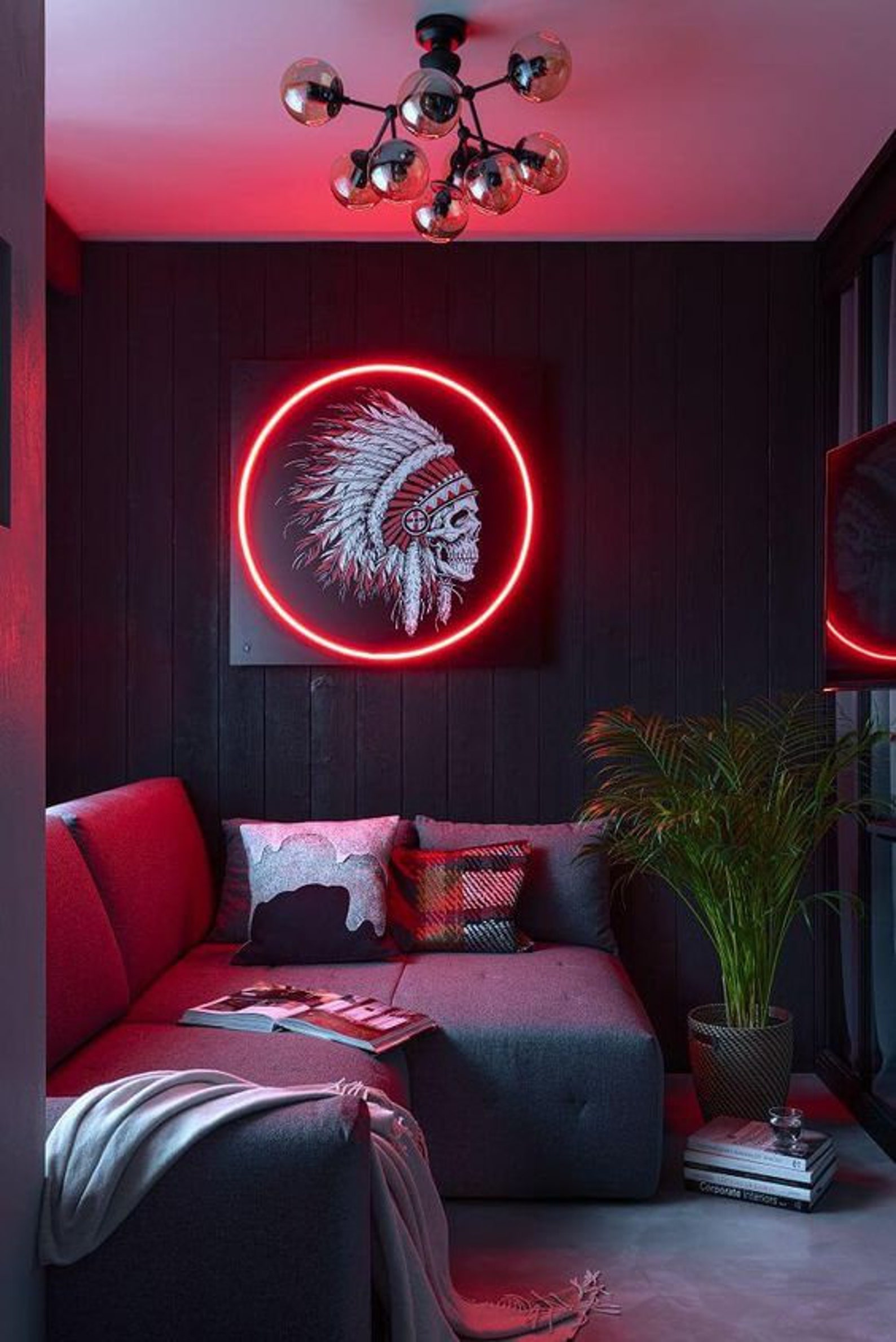 Indigenous Chief Skull Neon Sign, Black Backdrop Tribal Light, Ethnical ...