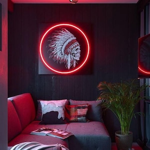 Indigenous Chief Skull Neon Sign, Black Backdrop Tribal Light, Ethnical ...