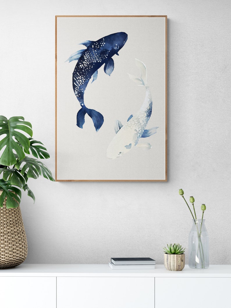 Navy Blue Wall Art Koi Fish Watercolor Digital Print Koi Fish - Etsy