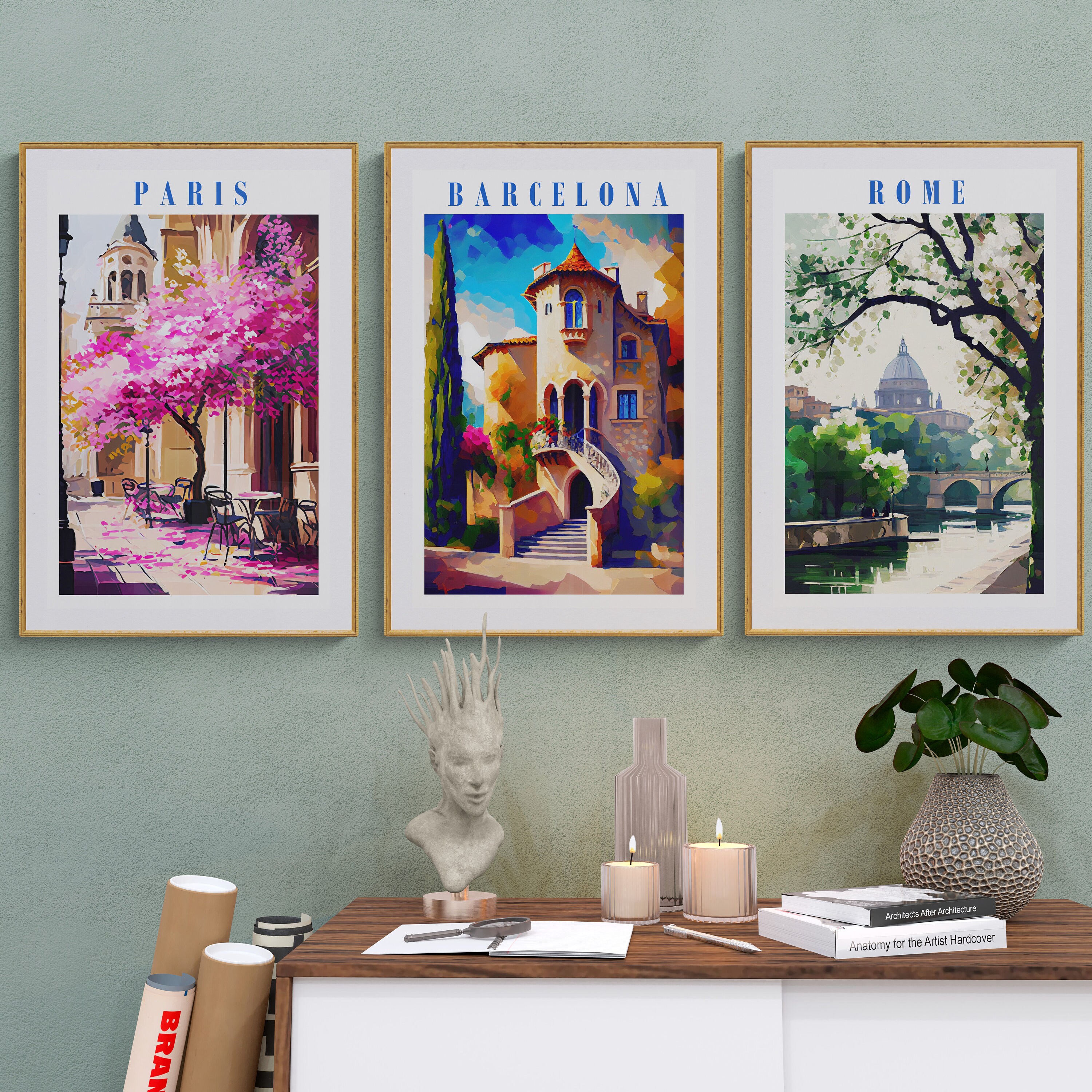 Travel Poster Set Paris Barcelona Rome Digital Print Barcelona Poster ...