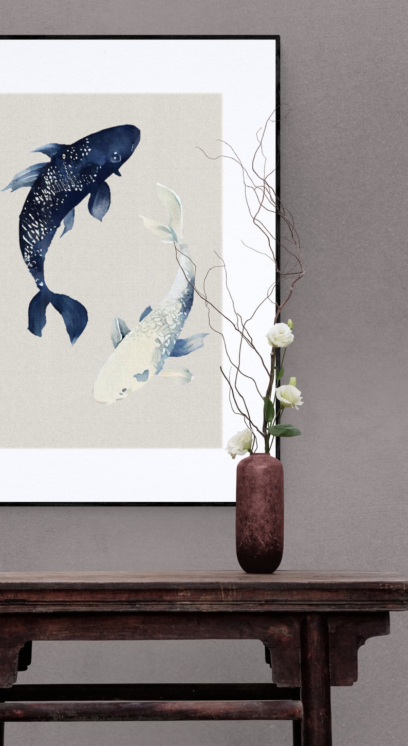Navy Blue Wall Art Koi Fish Watercolor Digital Print Koi Fish - Etsy