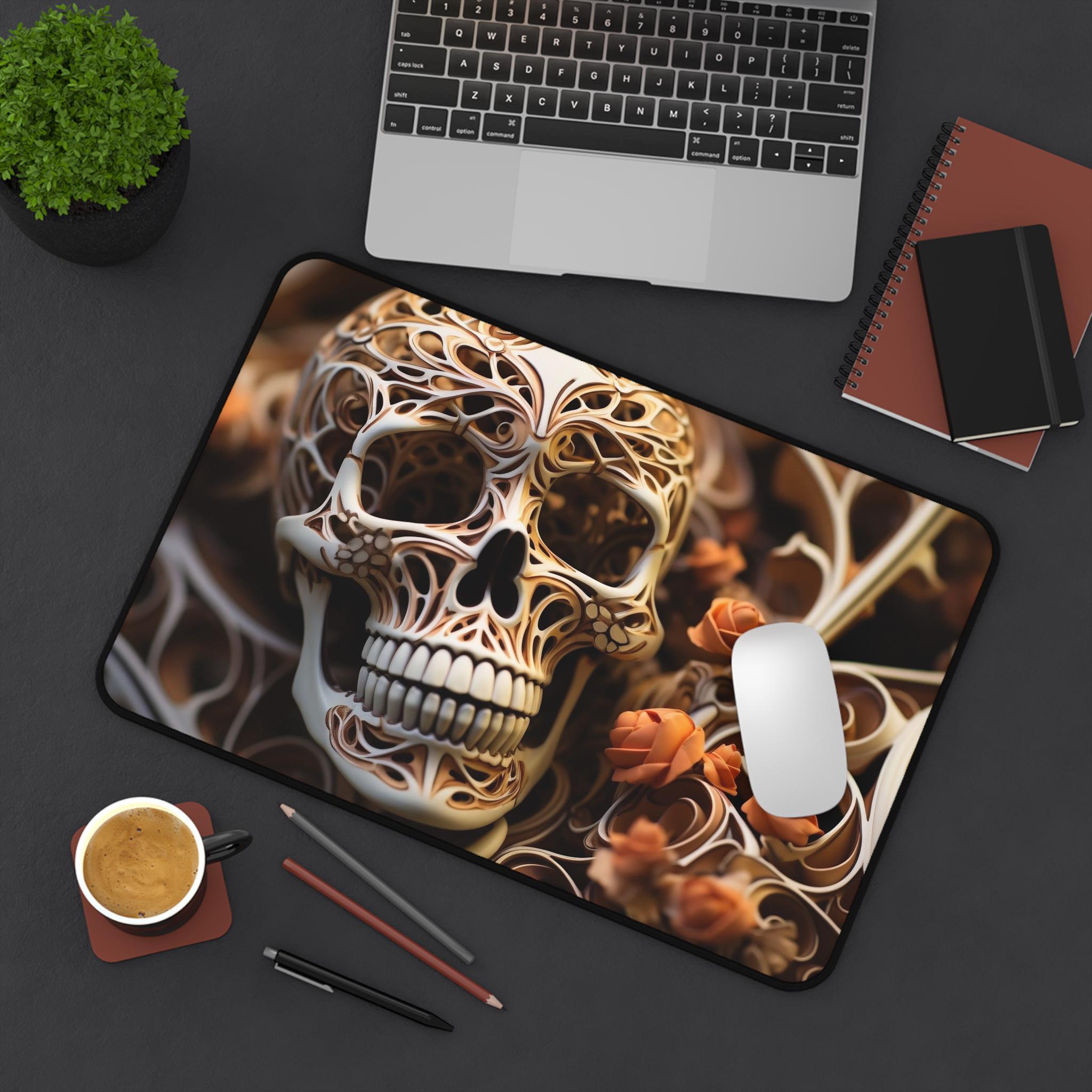 Skull Graphic Desk Mat, Gothic Office Decor, Floral Mouse Pad, Black ...