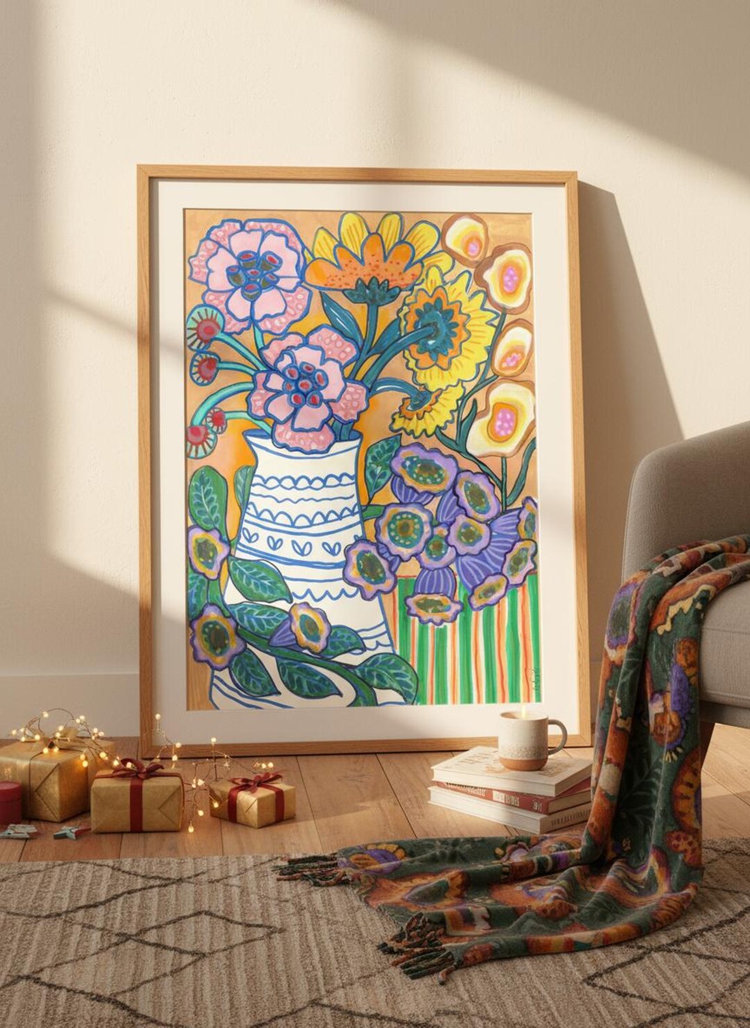Whimsical Floral Vase Art Print, Vibrant Folk Vibrant Art for Living ...