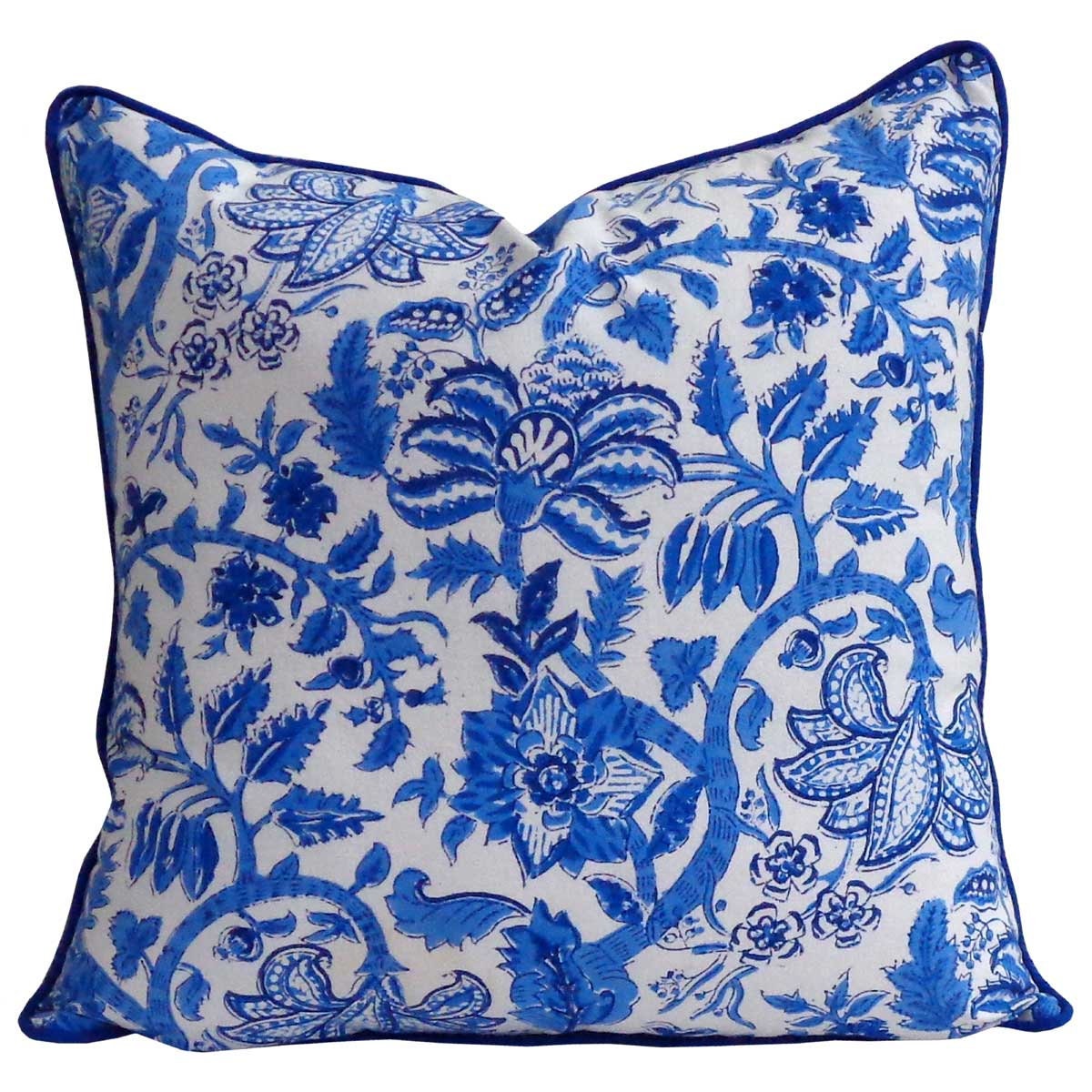 Anarkali Blue Indian Hand Block Print Cotton Cushion Cover With Piping ...