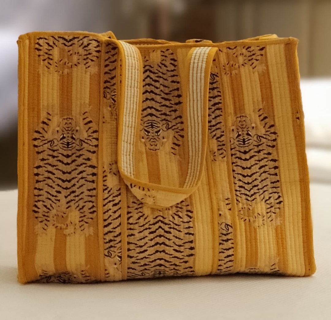 Yellow Tiger Print Indian Cotton Quilted Tote Bag | Shoulder Bag ...