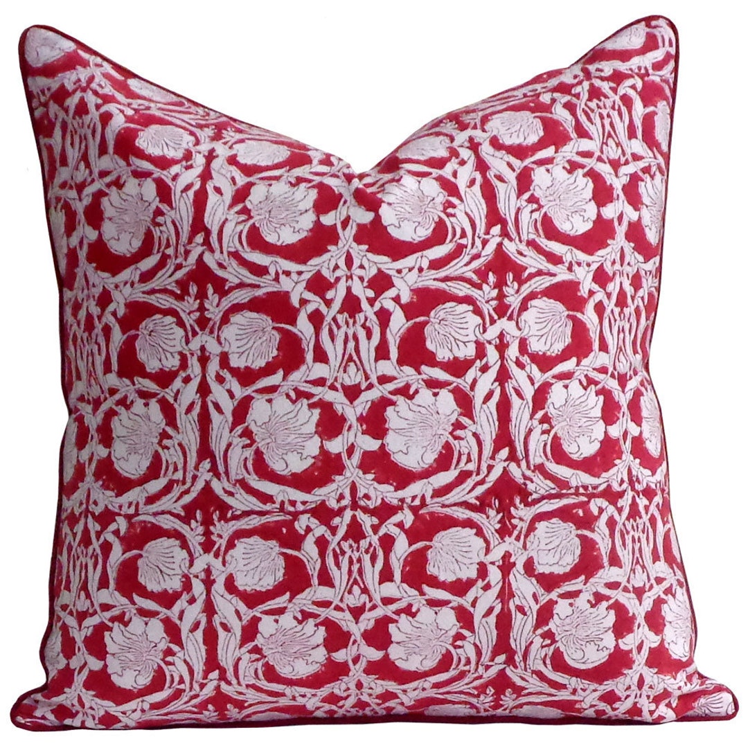 Bauhaus Red Indian Hand Block Print Cotton Cushion Cover With Piping ...
