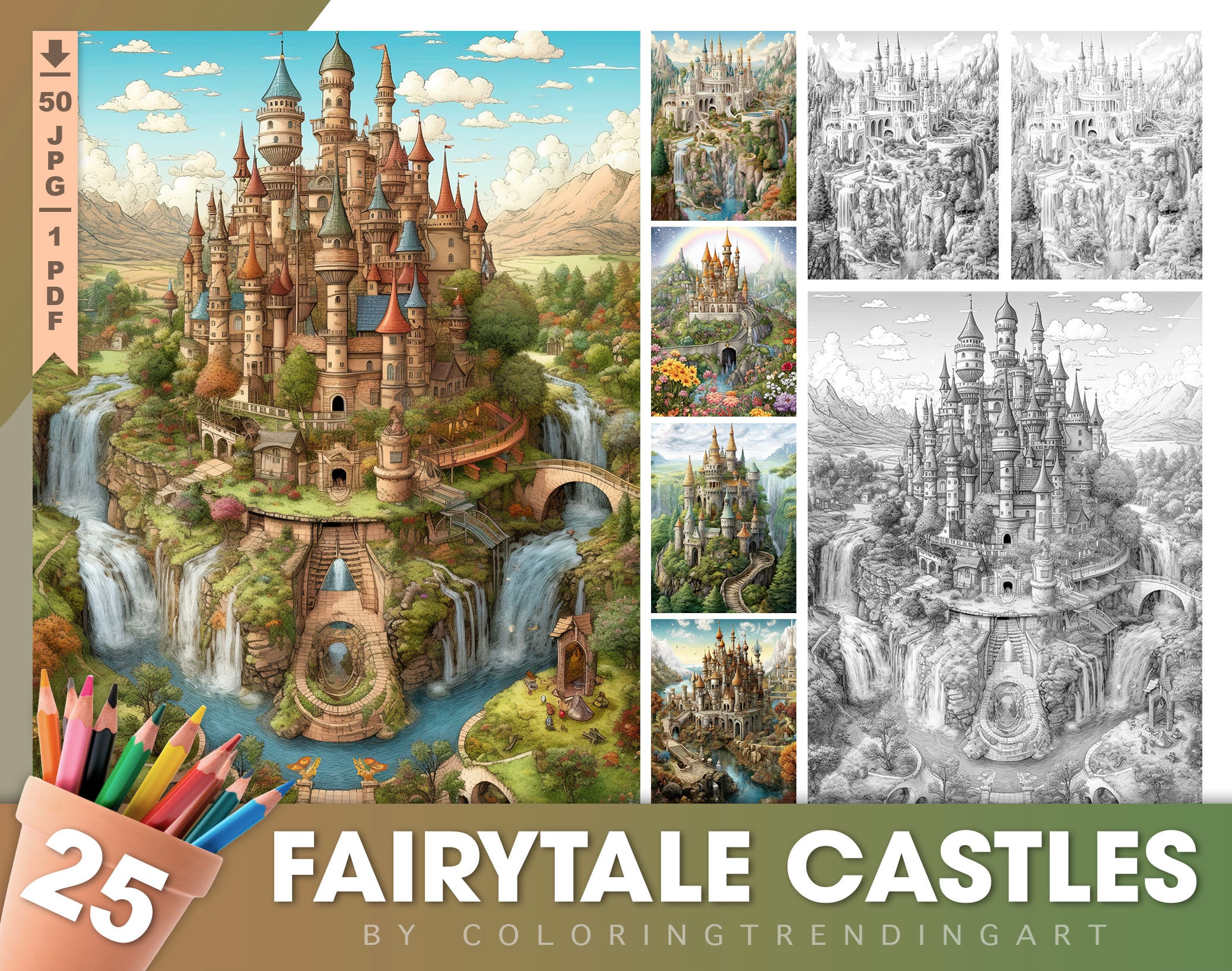 25 Fairytale Castles Grayscale Coloring Pages for Adults - Etsy