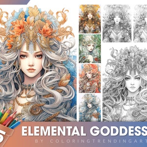 25 Elemental Goddesses Grayscale Coloring Pages for Adults, Kids ...