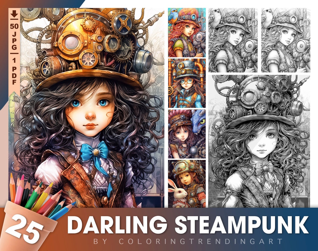 25 Darling Steampunk Grayscale Coloring Pages for Adults, Kids, Instant ...