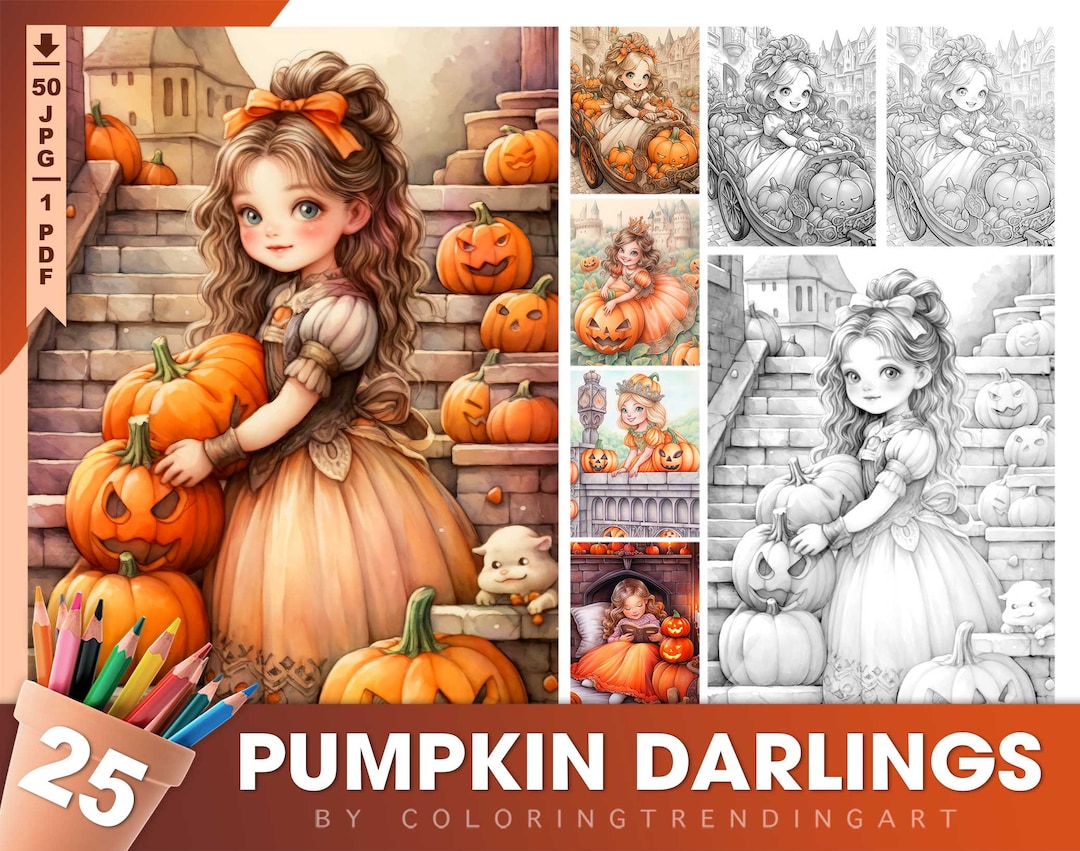25 Pumpkin Darlings Grayscale Coloring Pages for Adults, Halloween ...