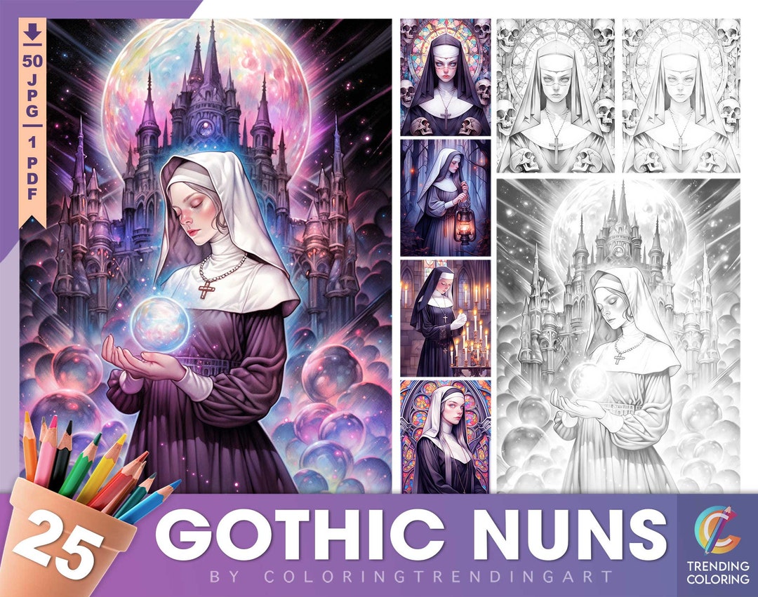 25 Gothic Nuns Grayscale Coloring Pages for Adults, Halloween Coloring ...
