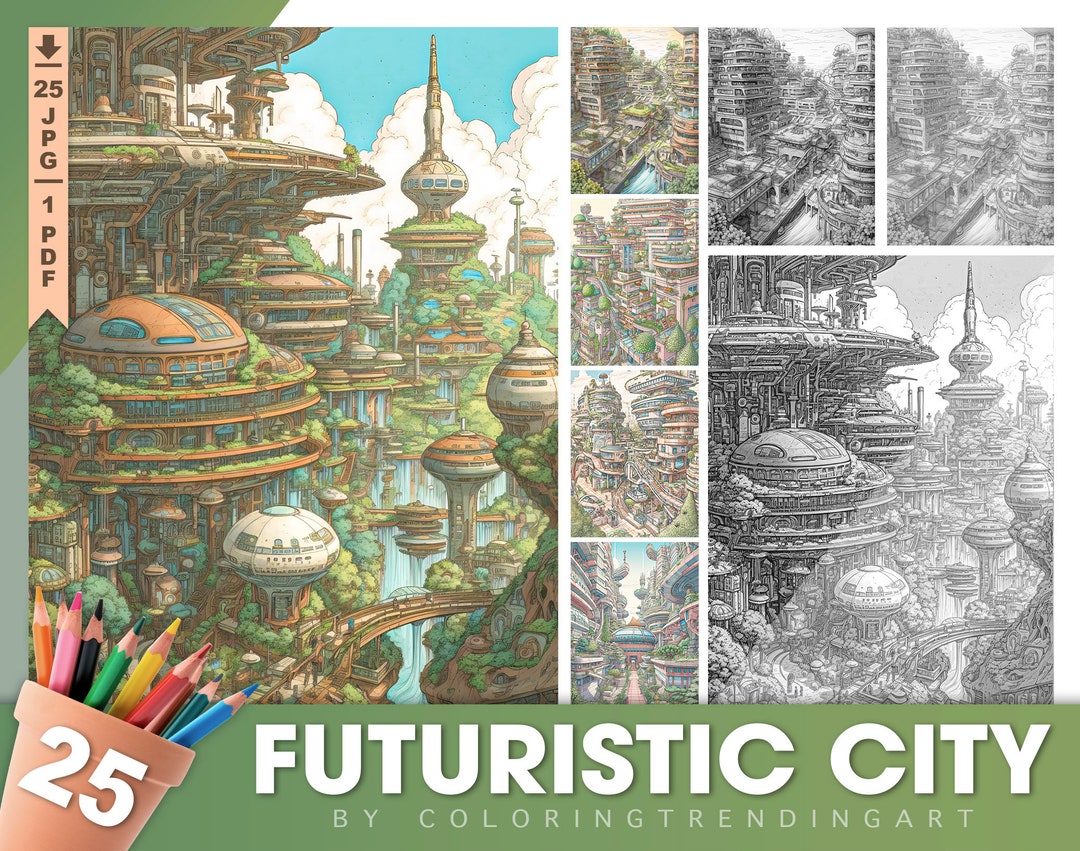 25 Futuristic City Grayscale Coloring Pages for Adults, Instant ...