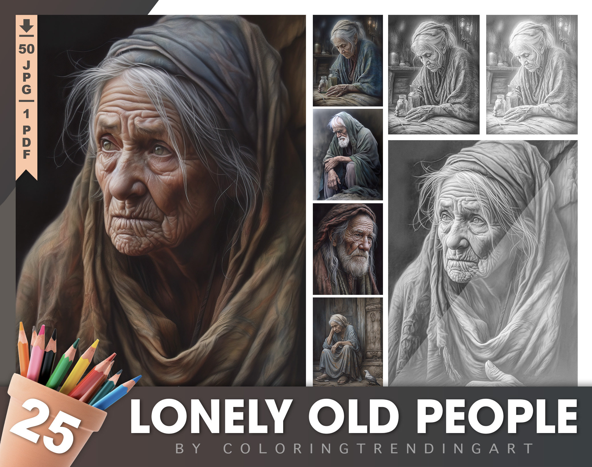 25 Lonely Old People Angels Grayscale Coloring Pages for - Etsy