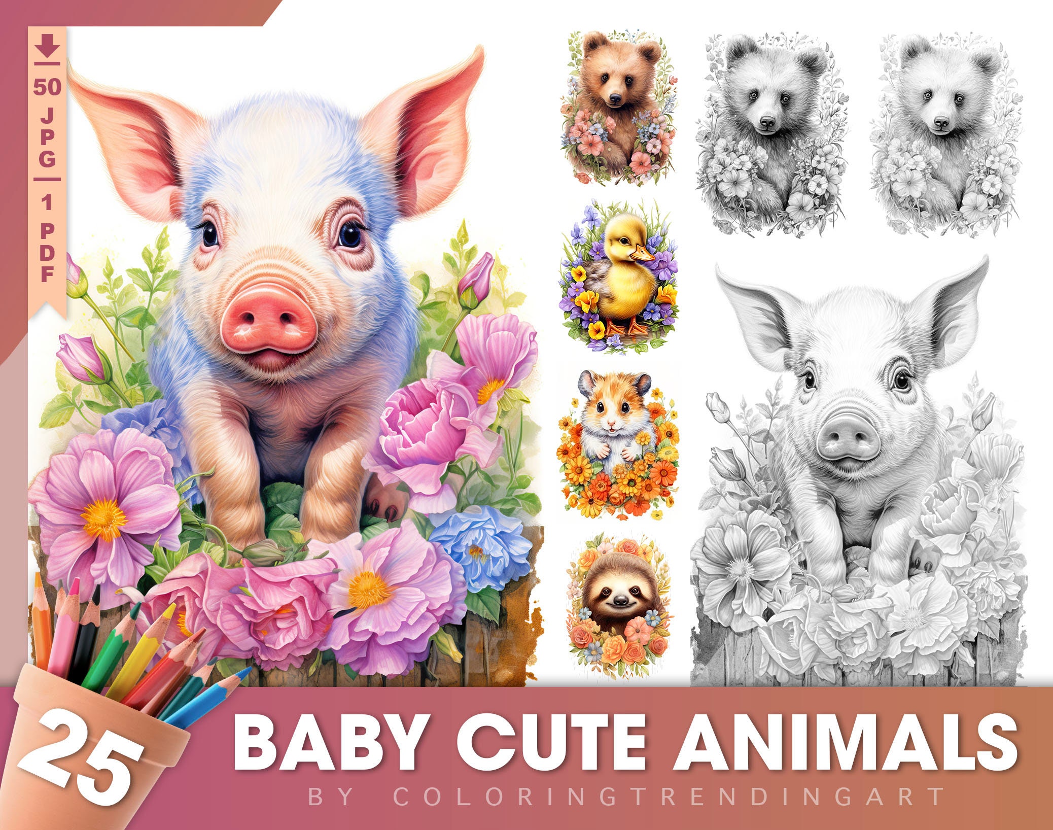 25 Baby Cute Animals Grayscale Coloring Pages for Adults - Etsy