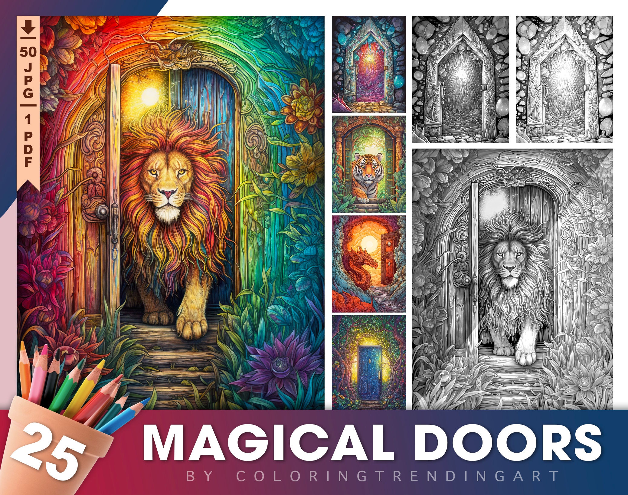 25 Magical Doors Grayscale Coloring Pages for Adults, Kids, Instant ...