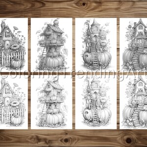 25 Pumpkin Houses Grayscale Coloring Pages for Adults, Kids, Instant ...