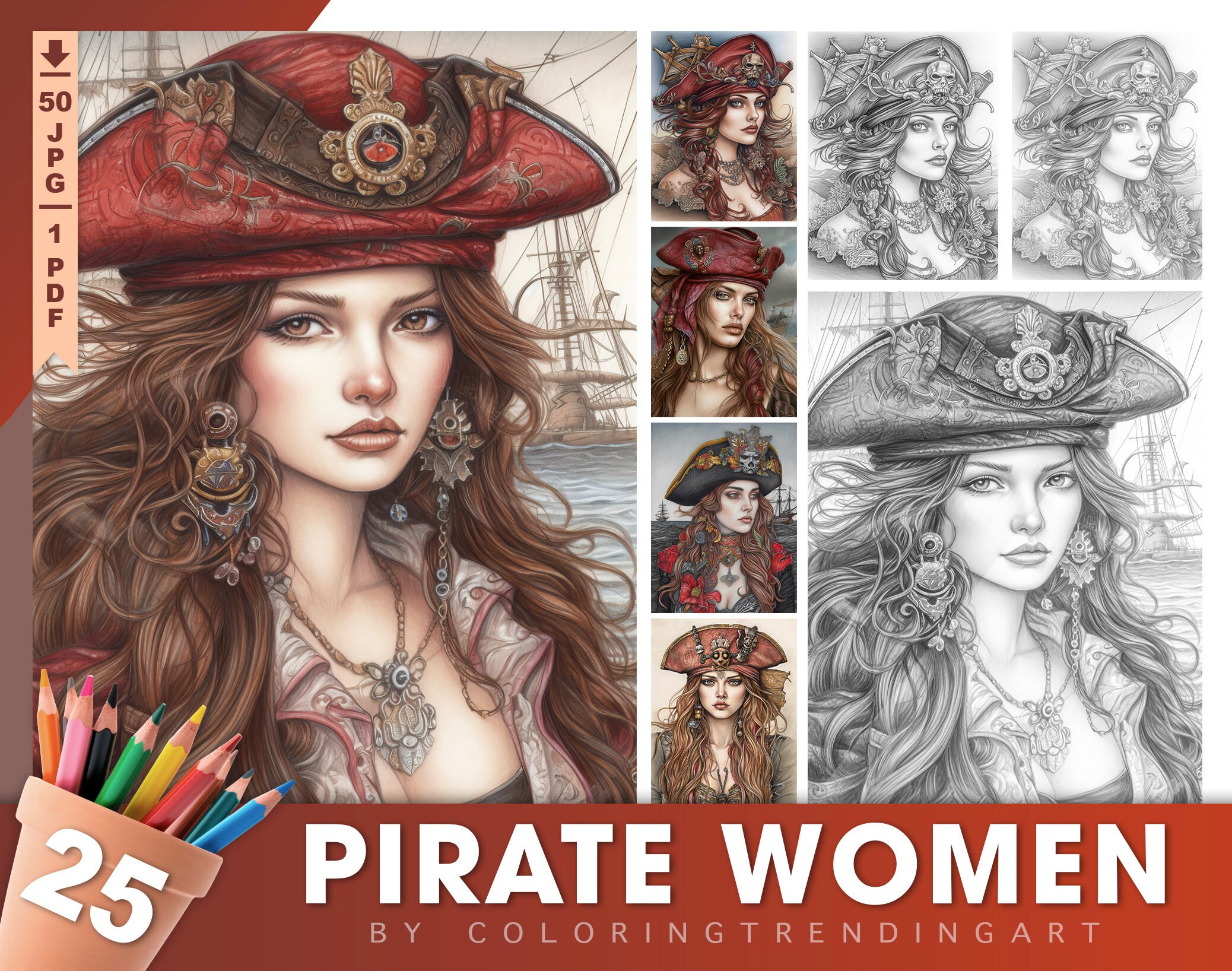 25 Pirate Women Grayscale Coloring Pages Adult Coloring Book, Instant ...