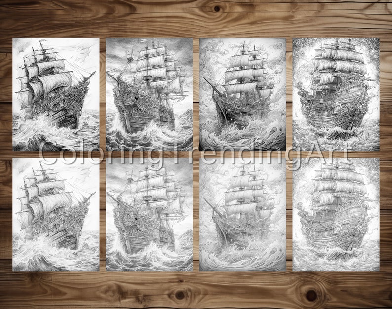 25 Pirate Ships Grayscale Coloring Pages for Adults Kids - Etsy