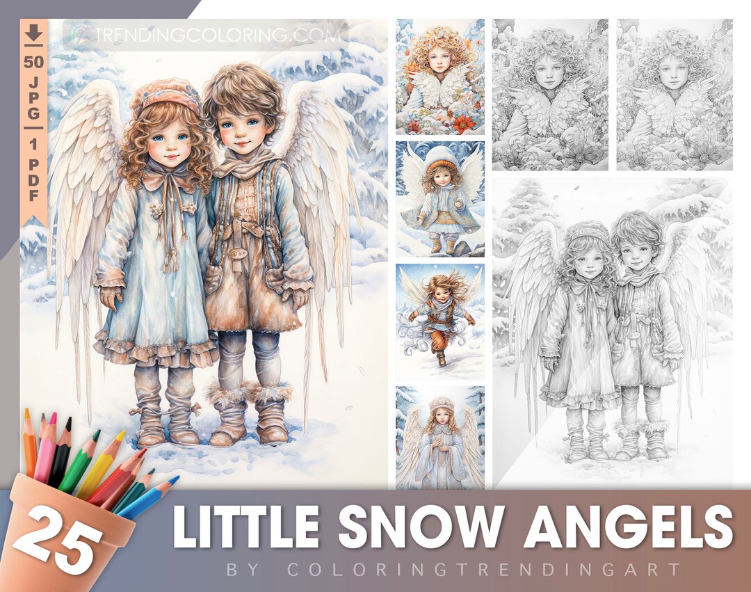 25 Little Snow Angels Grayscale Coloring Pages for Adults, Instant ...