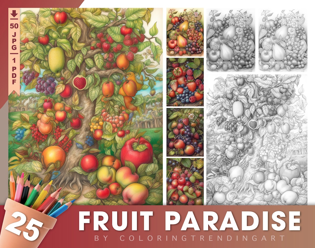 25 Fruit Paradise Grayscale Coloring Pages for Adults, Kids, Instant ...