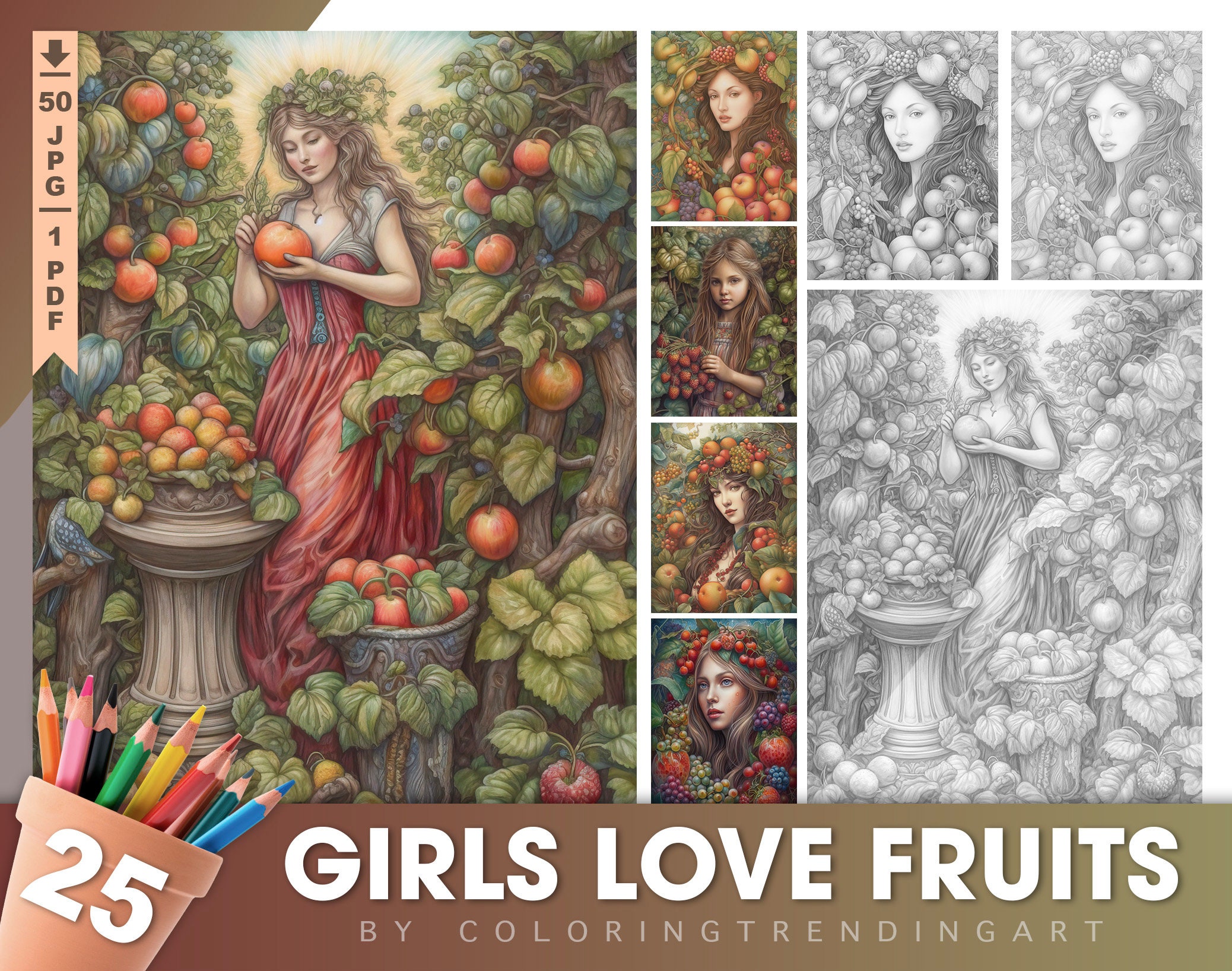 25 Girls Love Fruits Grayscale Coloring Pages for Adults, Instant ...