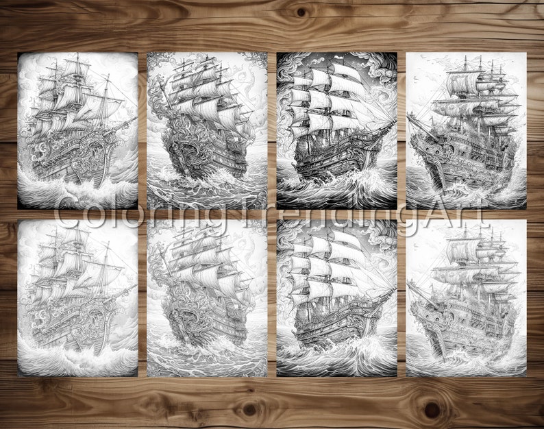 25 Pirate Ships Grayscale Coloring Pages for Adults Kids - Etsy