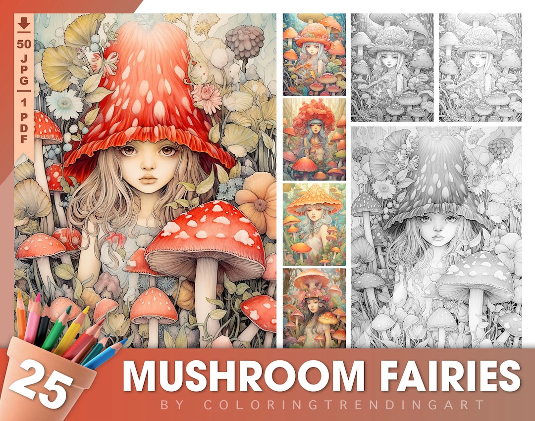 25 Mushroom Fairies Grayscale Coloring Pages for Adults, Kids, Instant ...
