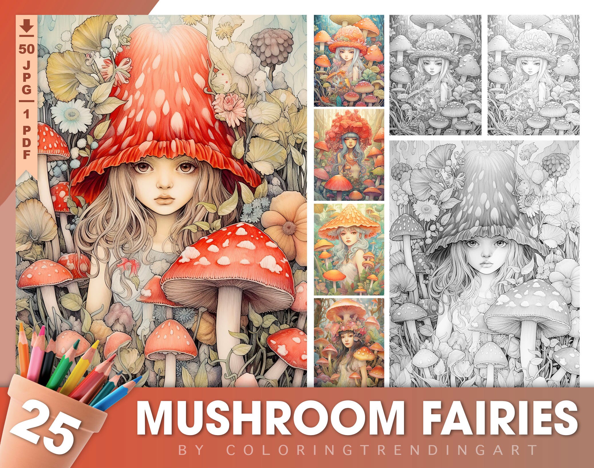 25 Mushroom Fairies Grayscale Coloring Pages for Adults Kids - Etsy