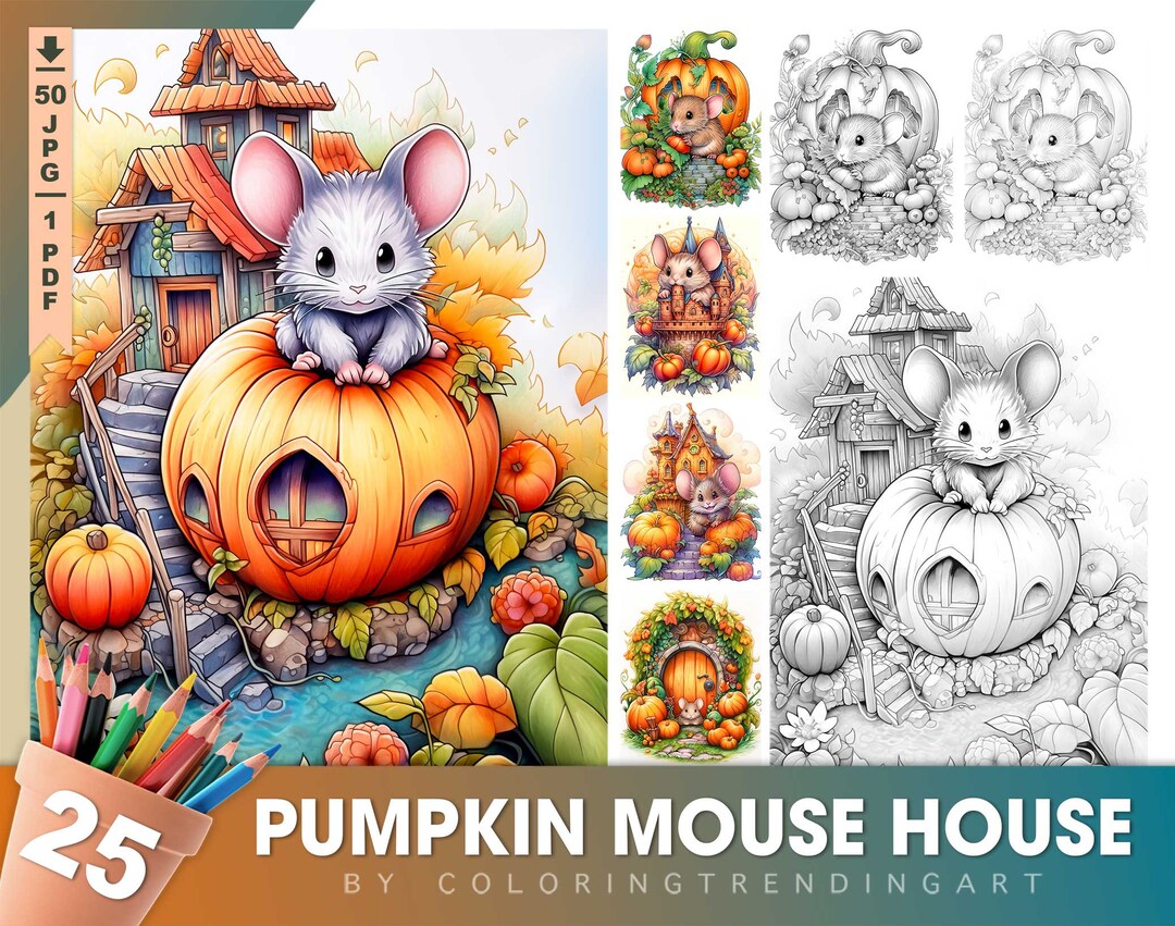 25 Pumpkin Mouse House Grayscale Coloring Pages for Adults, Halloween ...