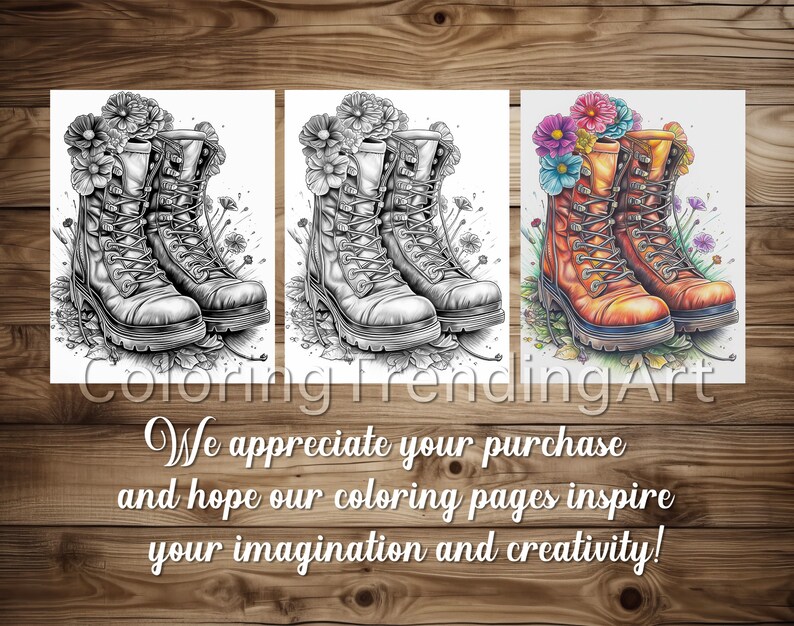 25 Blooming Boots Grayscale Coloring Pages for Adults Kids - Etsy