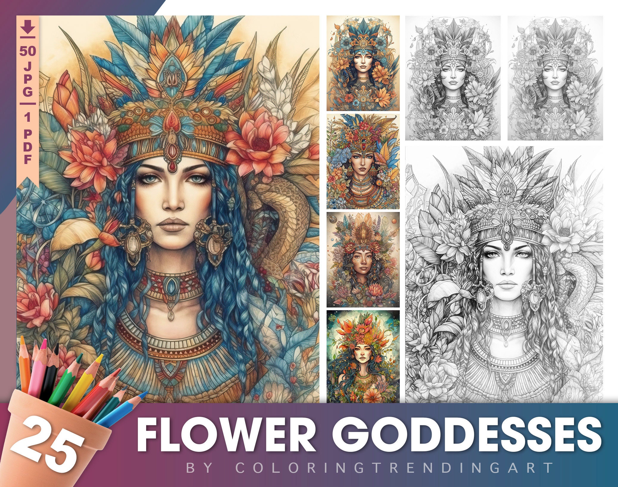 25 Flower Goddesses Grayscale Coloring Pages for Adults, Instant Download, Dark/light ...