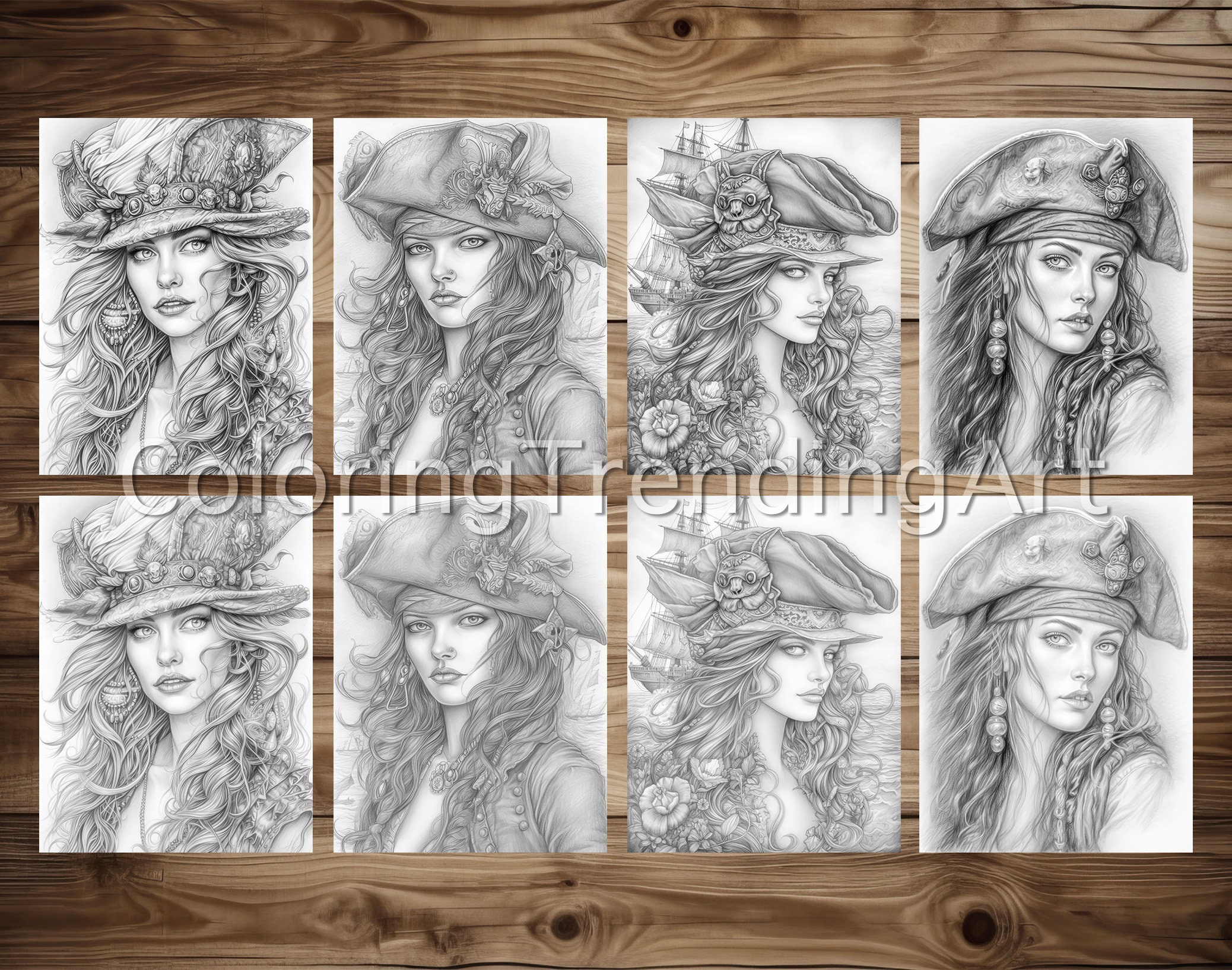 25 Pirate Women Grayscale Coloring Pages Adult Coloring Book, Instant ...