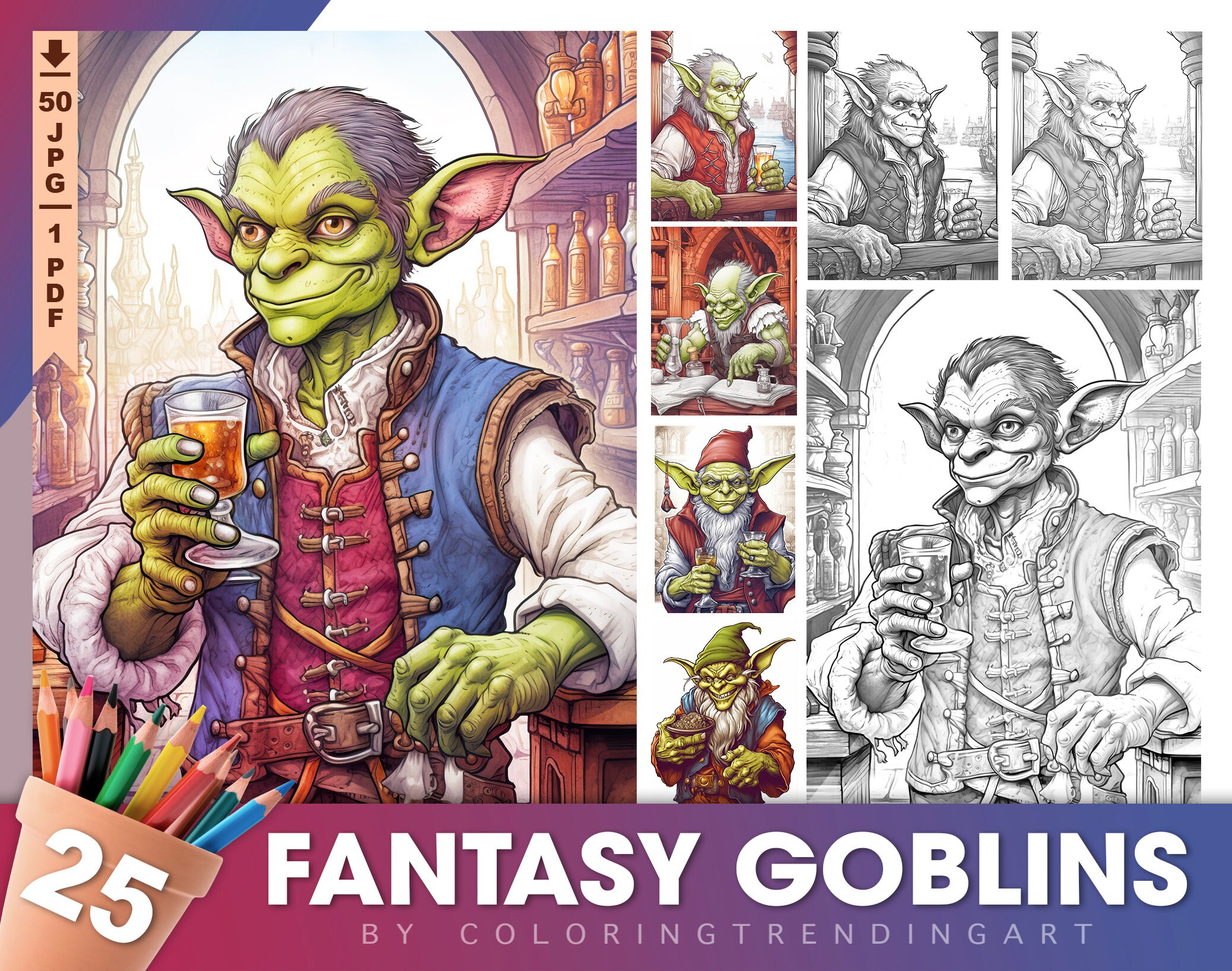 25 Fantasy Goblins Grayscale Coloring Pages for Adults Kids - Etsy