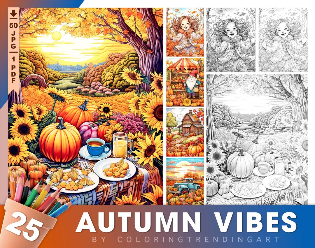 25 Autumn Vibe Grayscale Coloring Pages - Adult Coloring Book, Instant ...