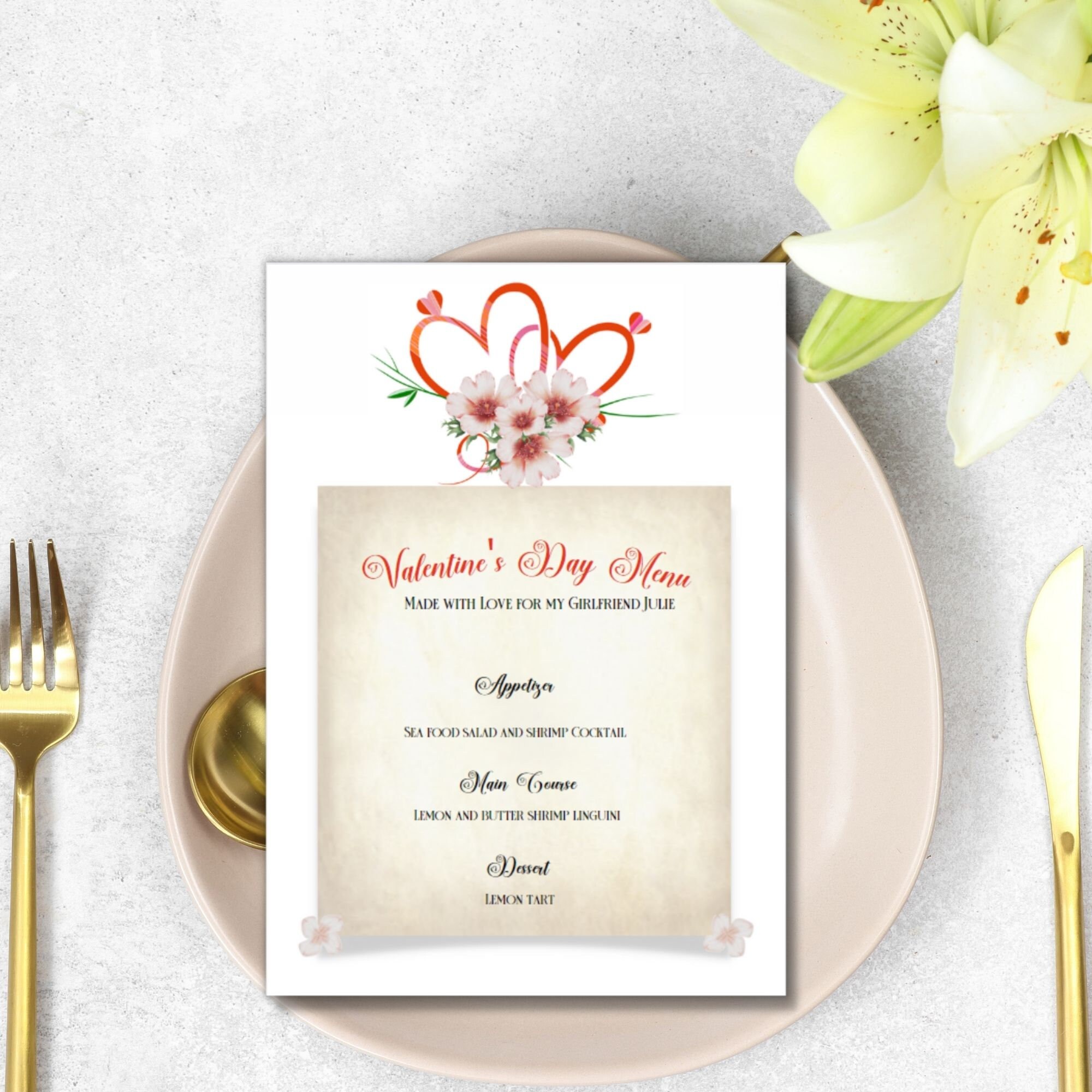 Valentine's Day Menu Template - Editable & Printable, Romantic Dinner ...