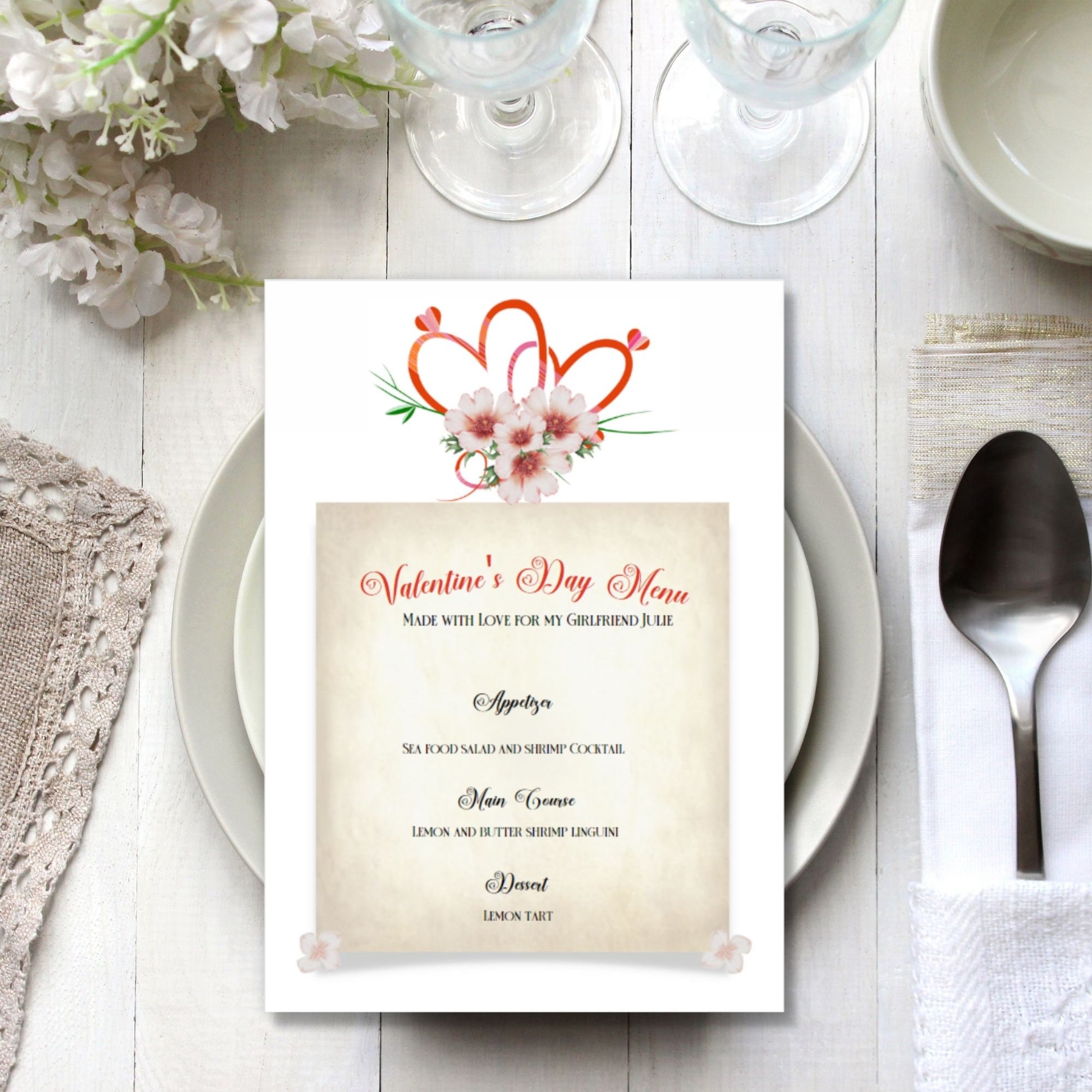 Valentine's Day Menu Template - Editable & Printable, Romantic Dinner ...