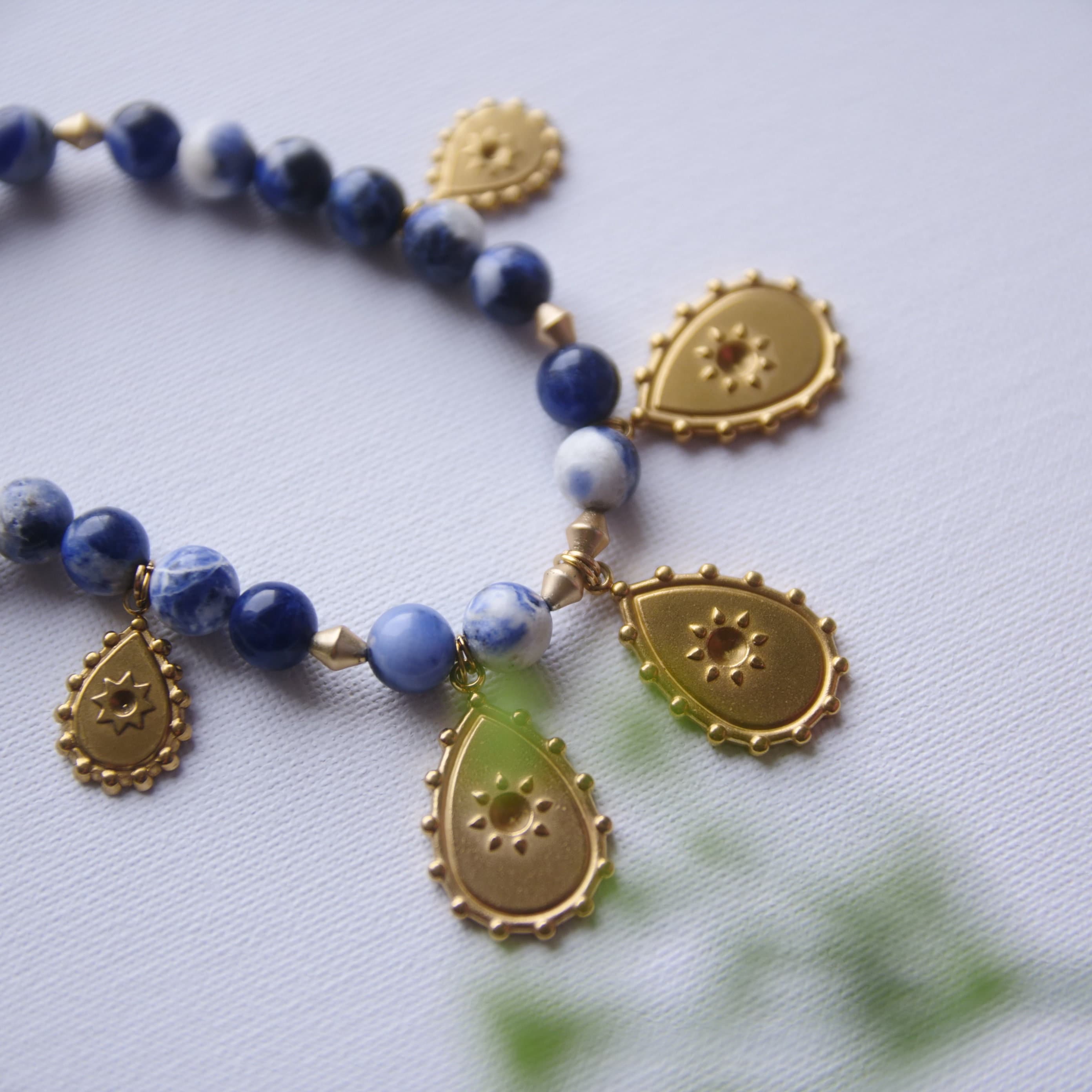 14K Gold Plated Teardrop Star Necklace With Blue Sodalite Beads ...