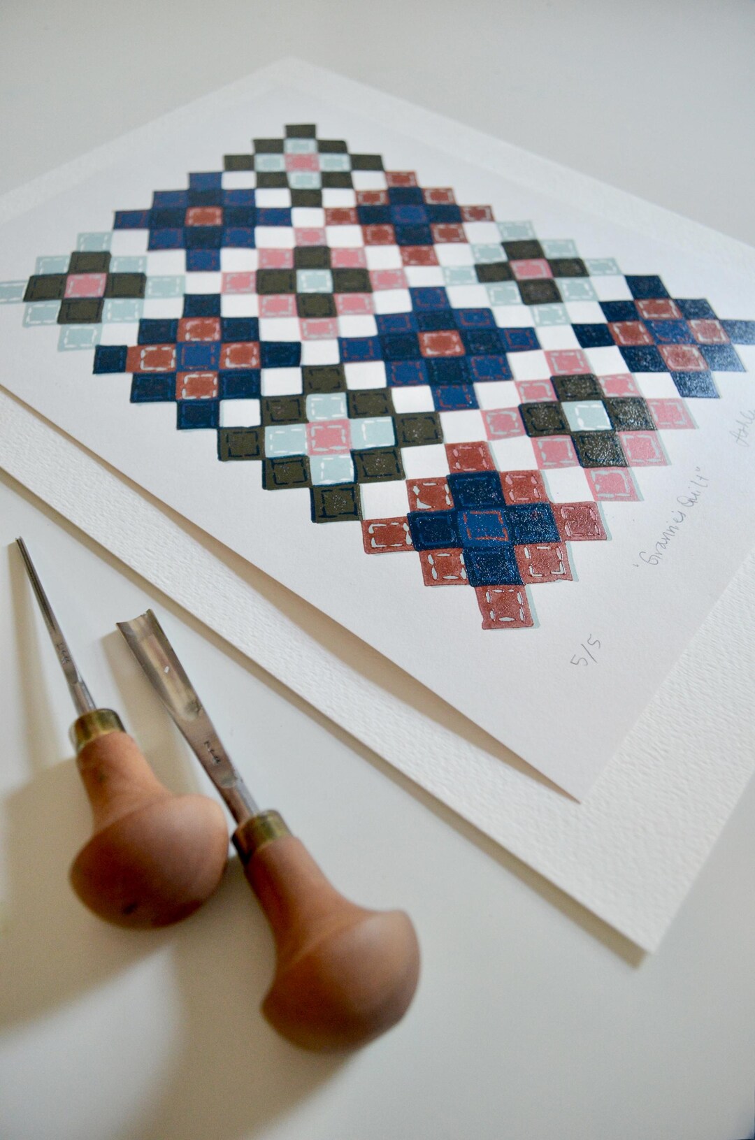 Grannie's Quilt, 6 Layer Reduction Linocut Print - Etsy