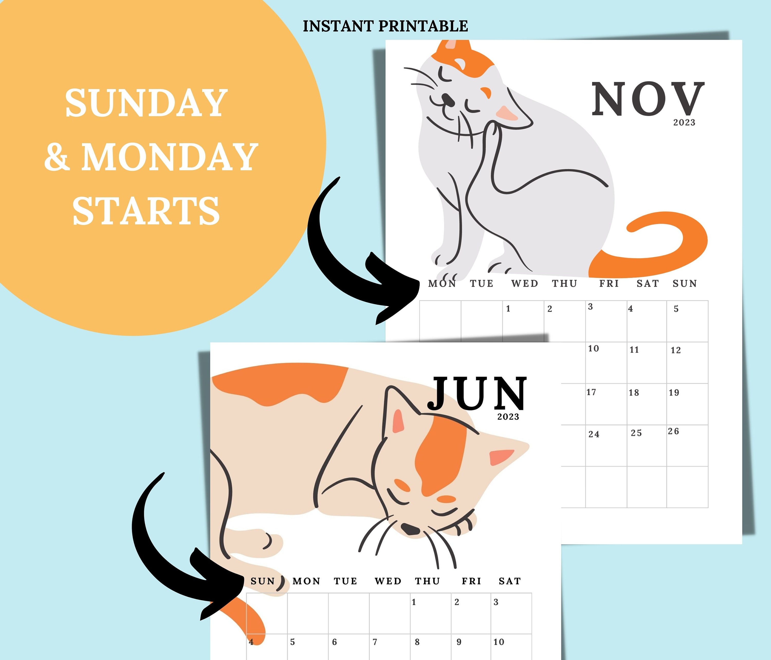Cute Cartoon Cat Calendar Printable 2023, A4 & Letter Sizes - Etsy