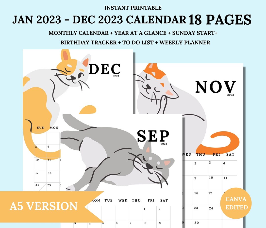 Cute Cartoon Cat Calendar Printable 2023 - Etsy