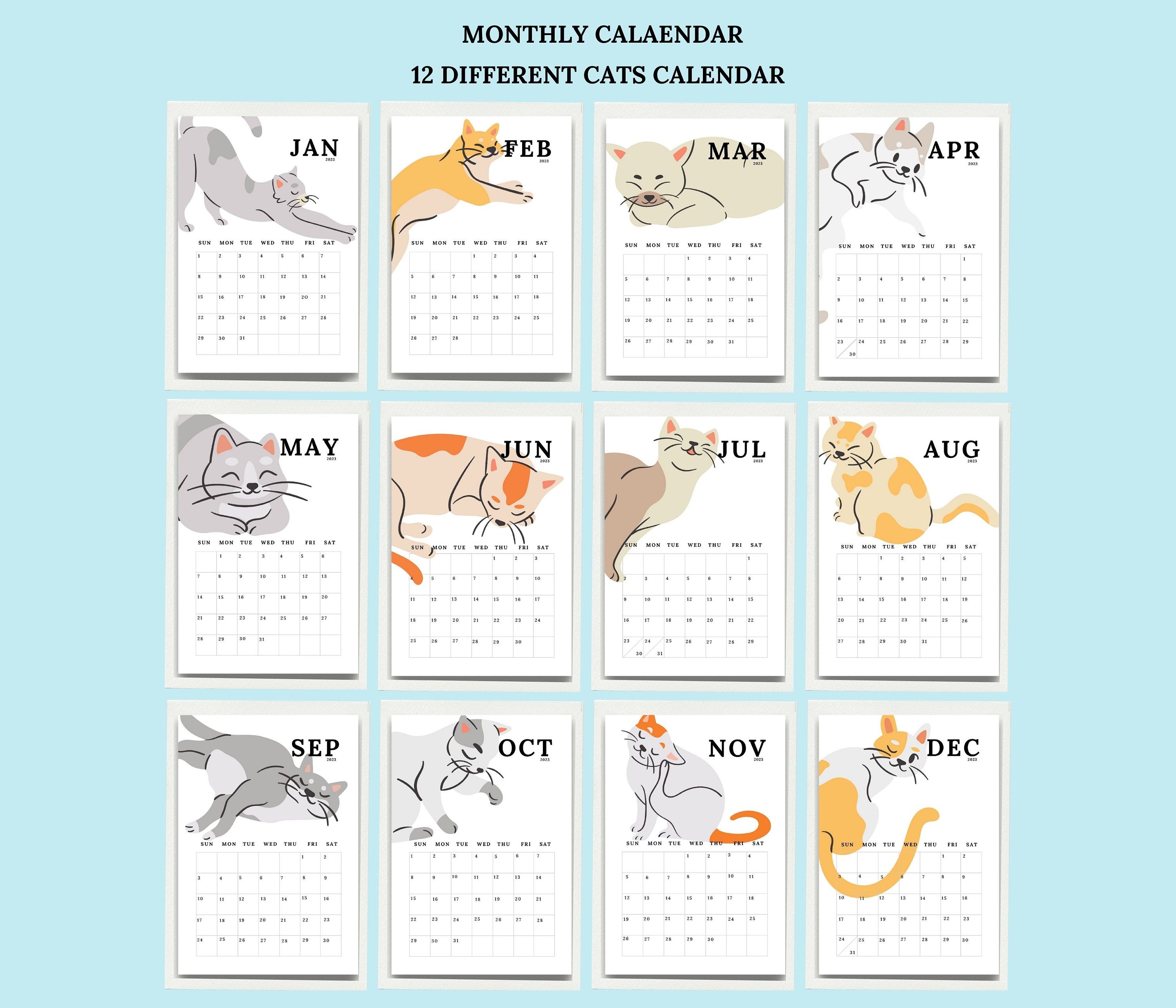 Cute Cartoon Cat Calendar Printable 2023, A4 & Letter Sizes - Etsy
