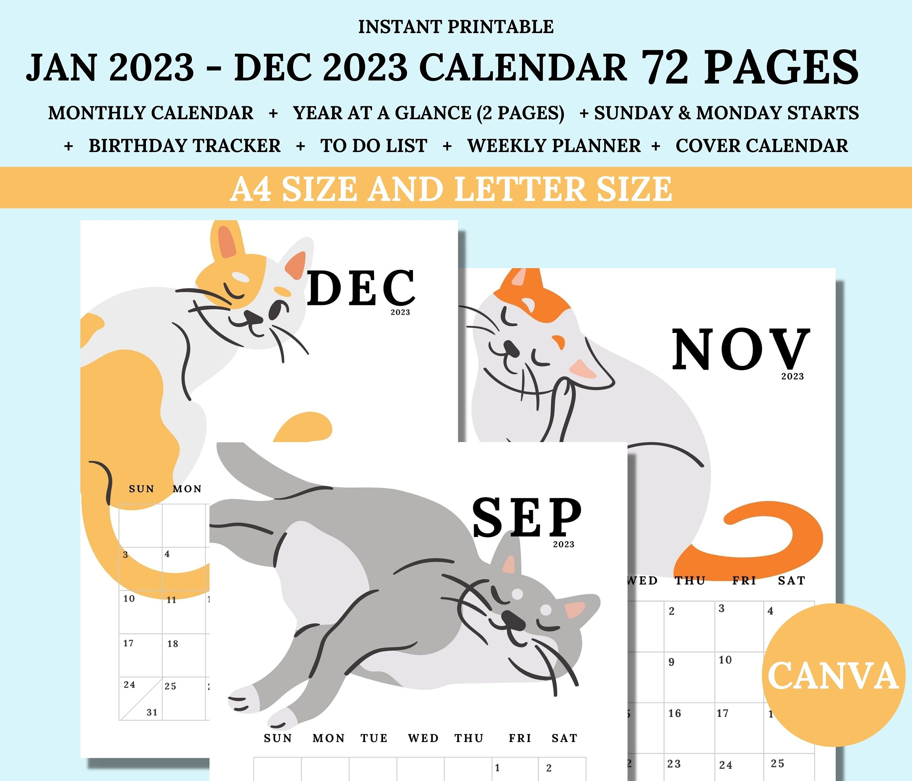 Cute Cartoon Cat Calendar Printable 2023, A4 & Letter Sizes - Etsy