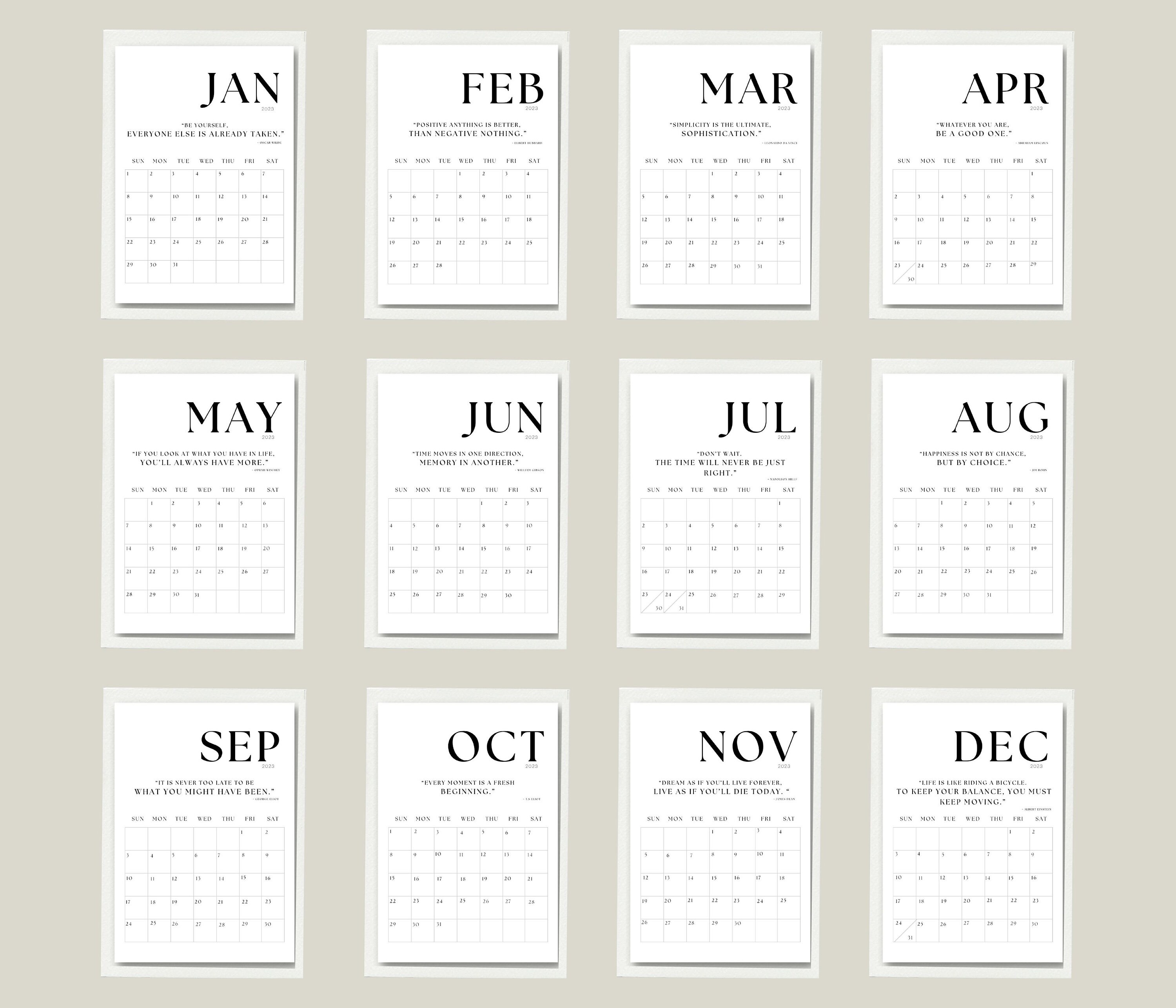 2023 Minimalist Quotes Calendar, Printable Vertical Pages Monthly in ...