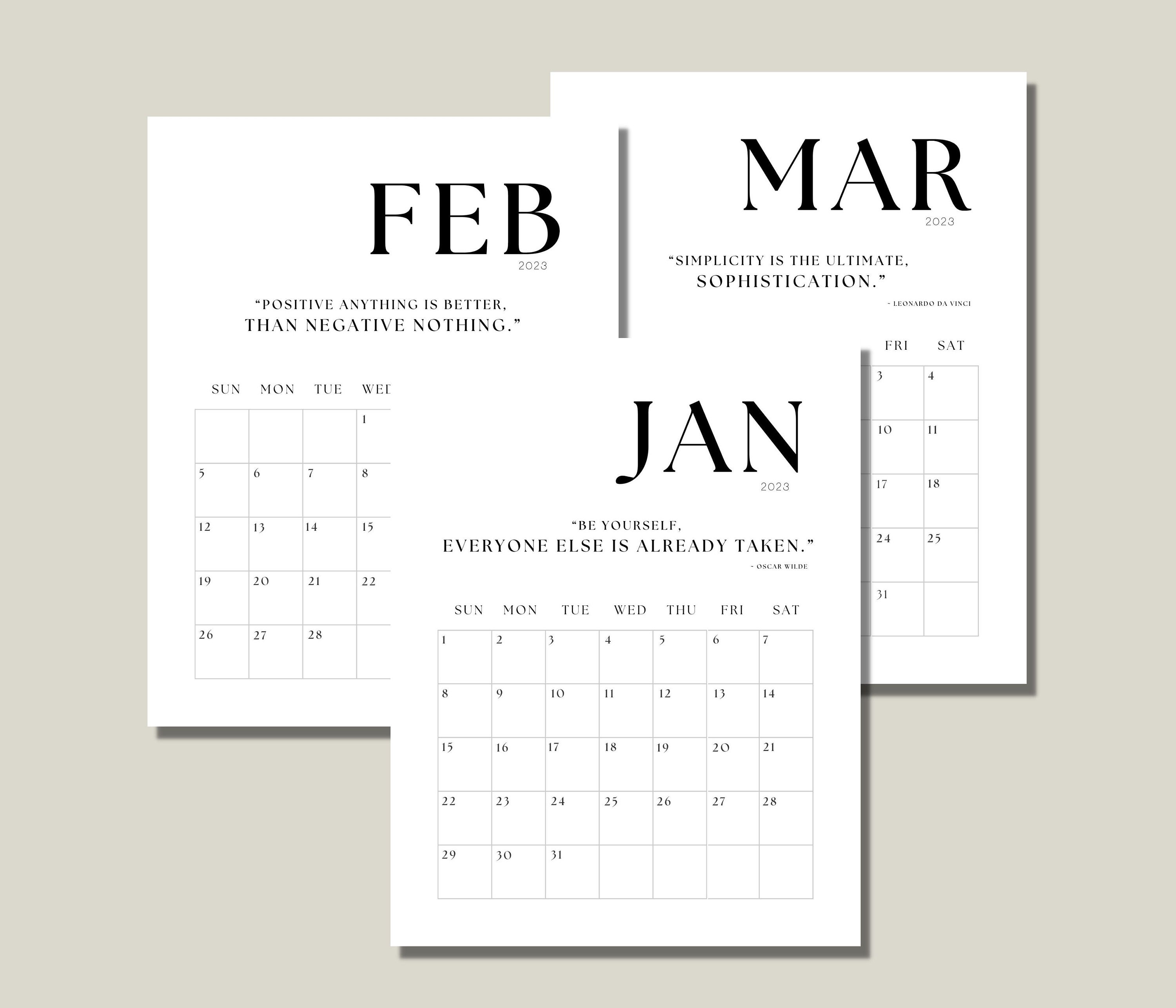 2023 Minimalist Quotes Calendar, Printable Vertical Pages Monthly in ...