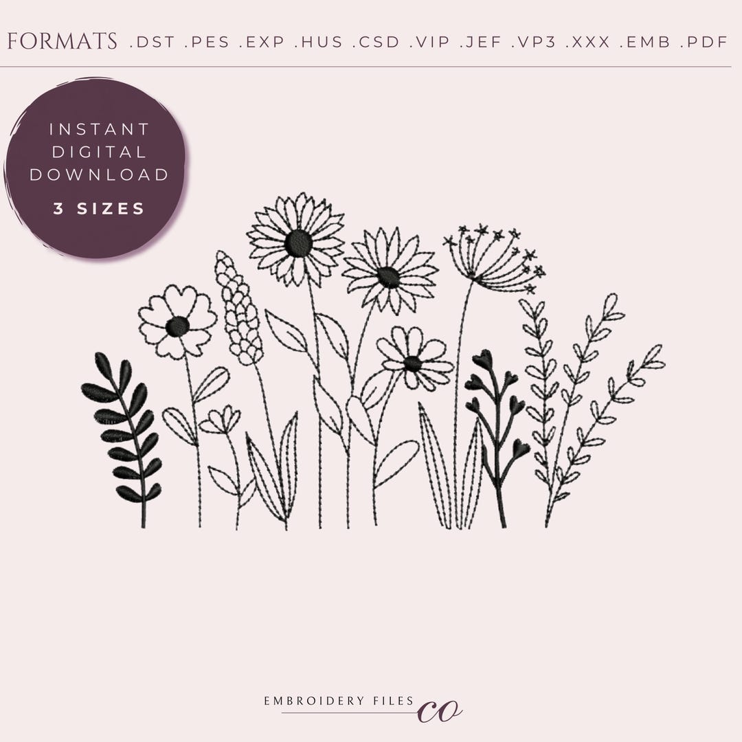 Flower Embroidery Designs. Wild Meadow Flower Embroidery. Flower PES ...